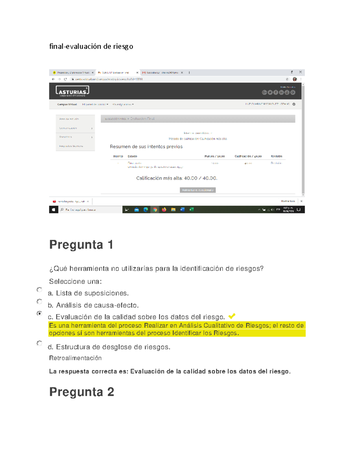 Final Evaluación de Riesgo: Preguntas y Respuestas Clave - Studocu