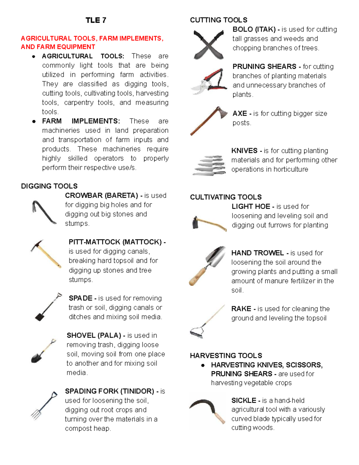 TLE 7 - Agricultural Tools, Implements, and Equipment Notes - Studocu
