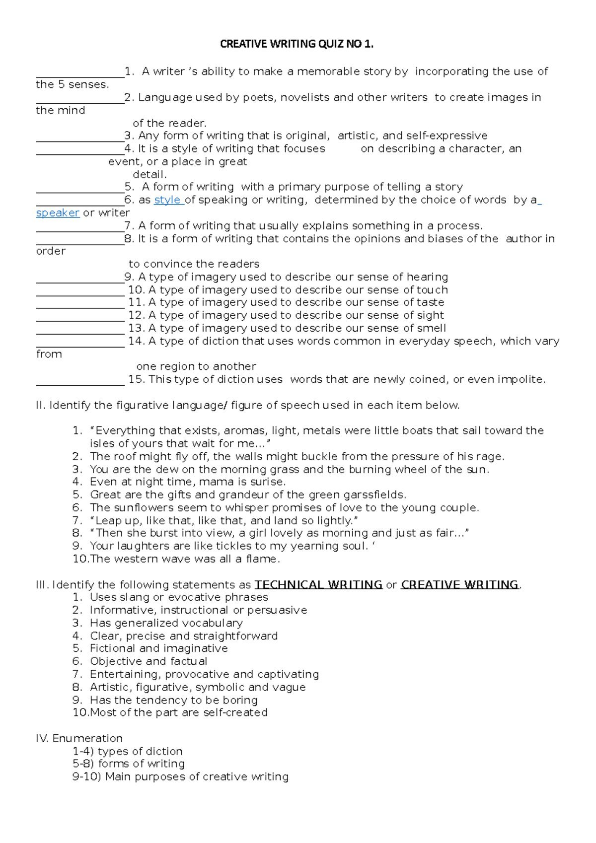 Creative Writing QUIZ NO 1 - CREATIVE WRITING QUIZ NO 1 ...