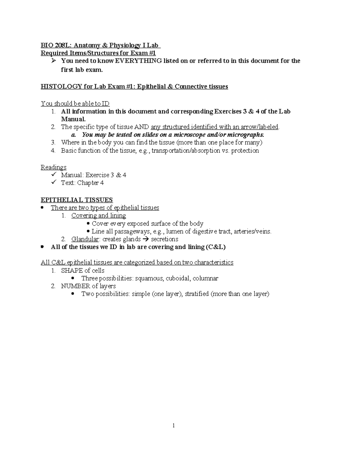 BIO 208L: Anatomy & Physiology I Lab Exam #1 Histology Guide - Studocu