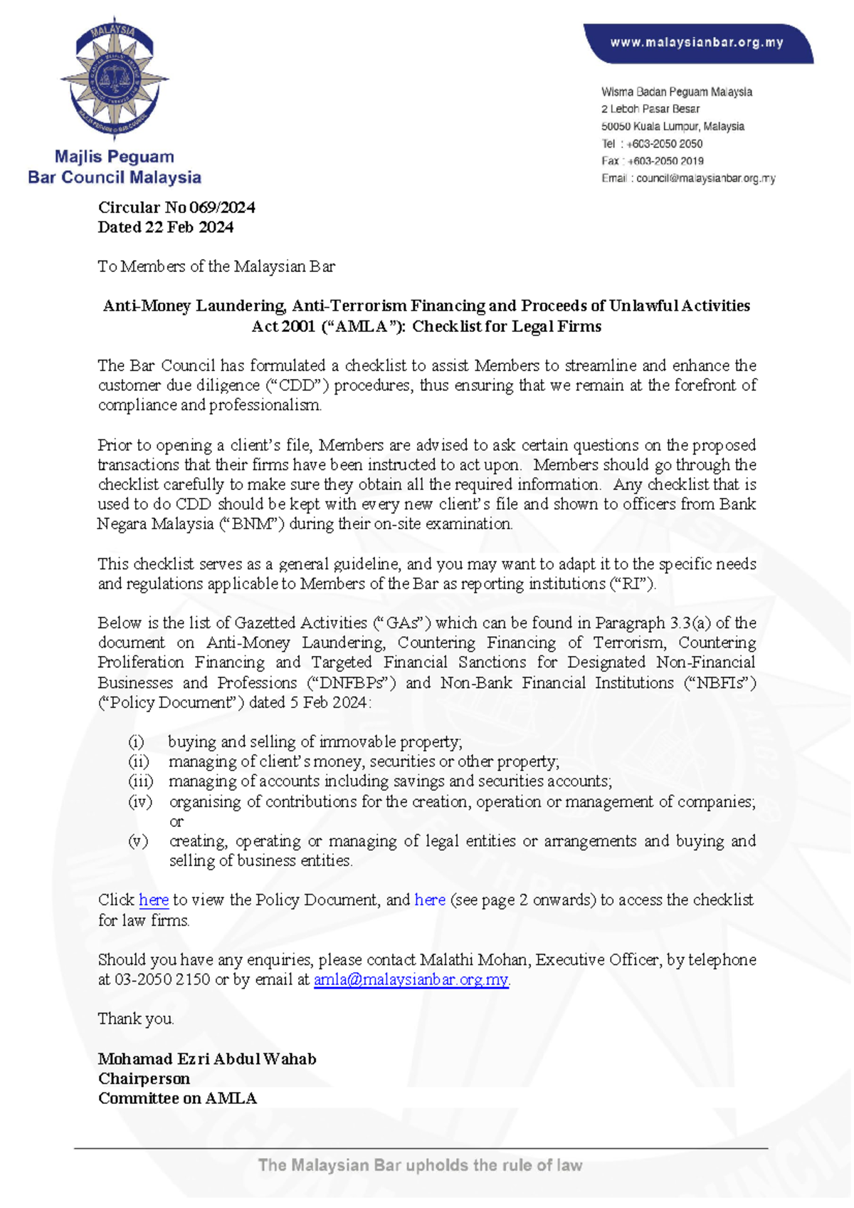 Circular 069-2024: CDD Checklist for Legal Firms under AMLA - Studocu
