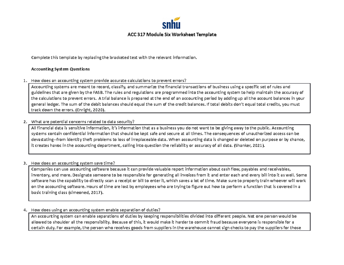 ACC 317 Module 6 Worksheet on Accounting Systems & Benefits - Studocu