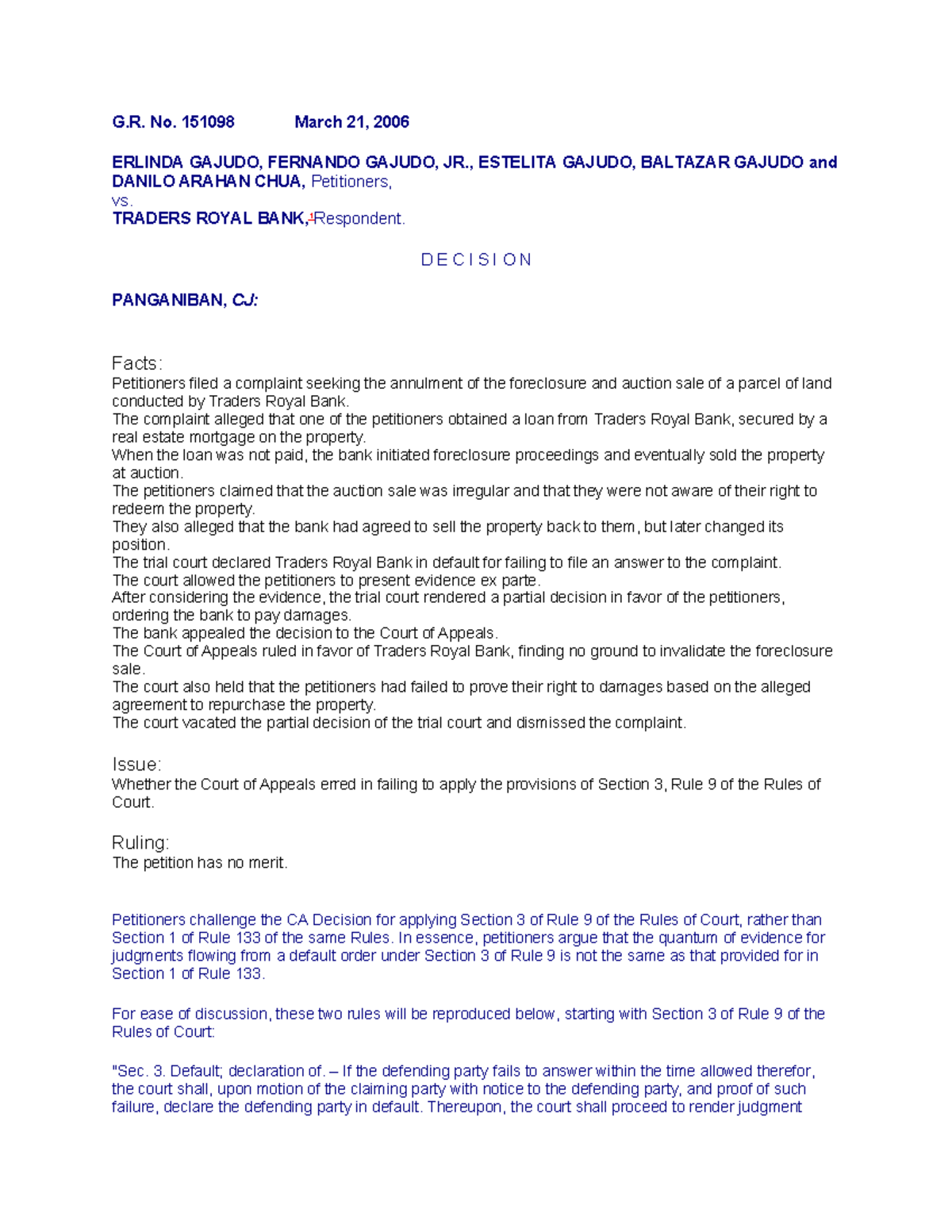 Civpro Case Study: Gajudo vs. Traders Royal Bank, G.R. No. 151098 - Studocu