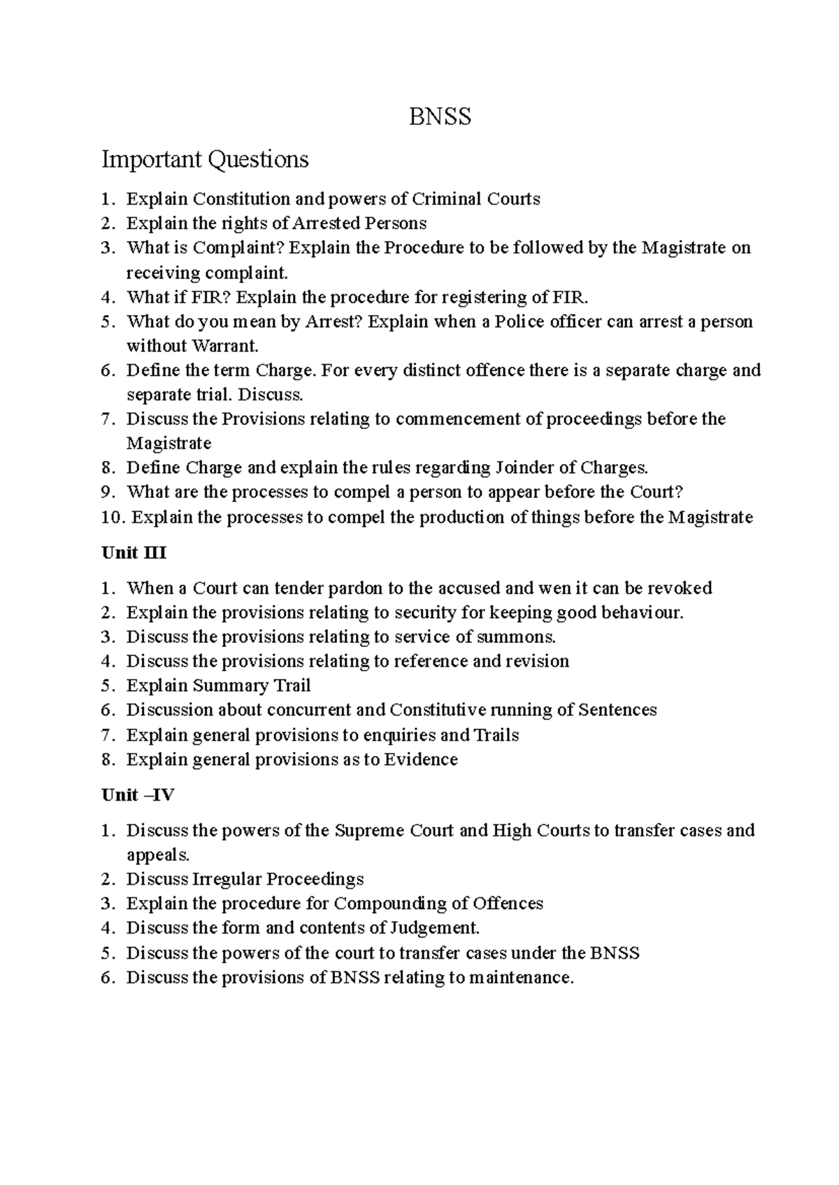 Important Questions for BNSS: Criminal Procedure and Court Powers - Studocu