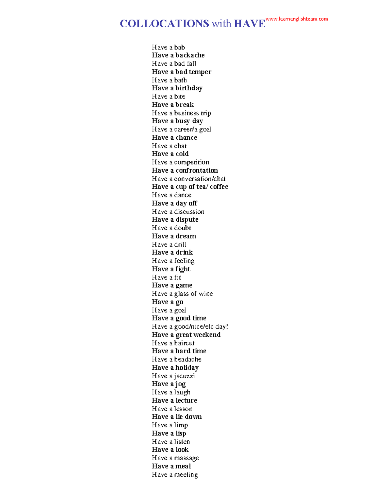 COLLOCATIONS with HAVE: A Comprehensive Guide for Learners - Studocu