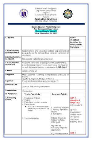 COT 2 MTB - Republic of the Philippines Department of Education Region ...
