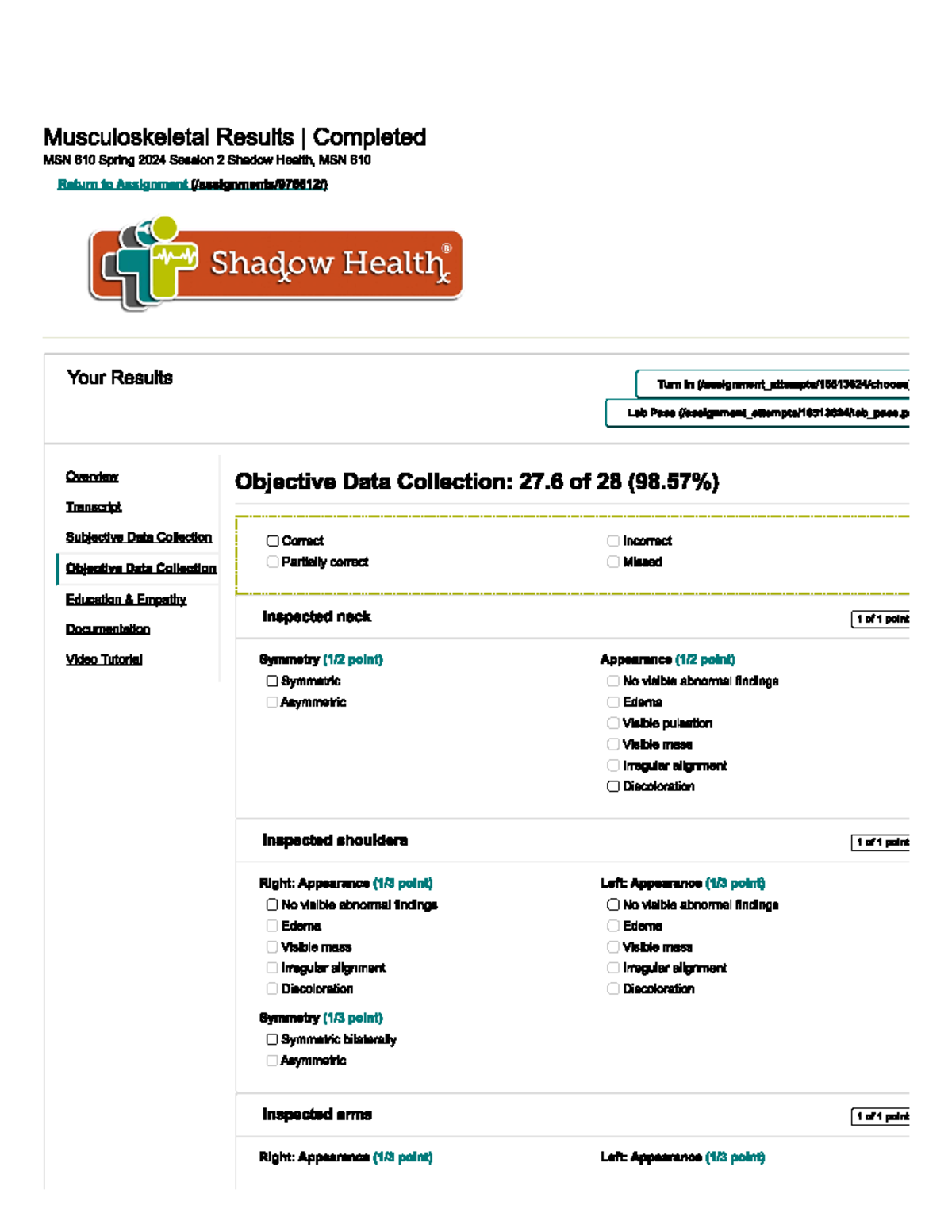 Musculoskeletal Assessment Objectives - Shadow Health Guide - Studocu