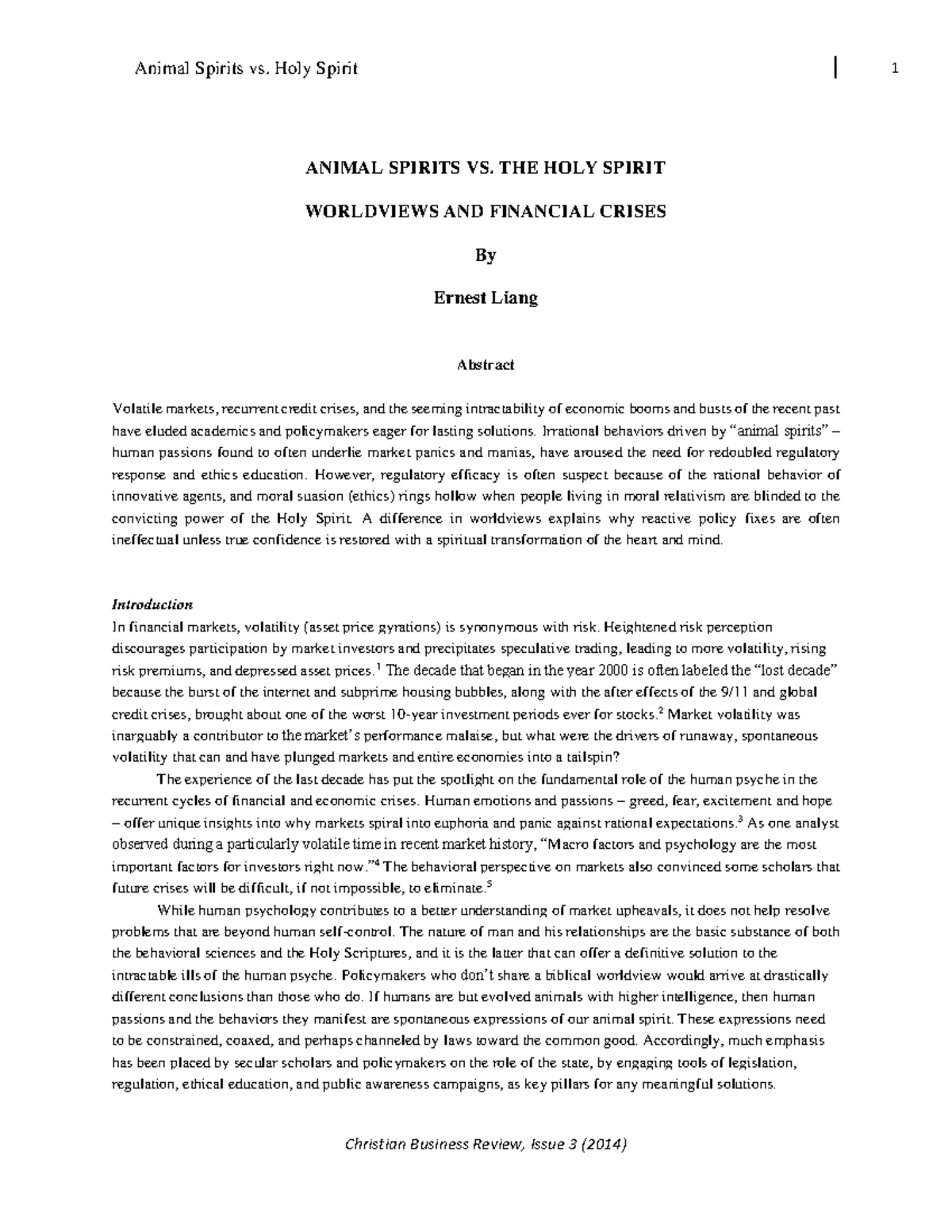 Animal Spirits vs. Holy Spirit: An Analysis of Worldviews in Financial ...