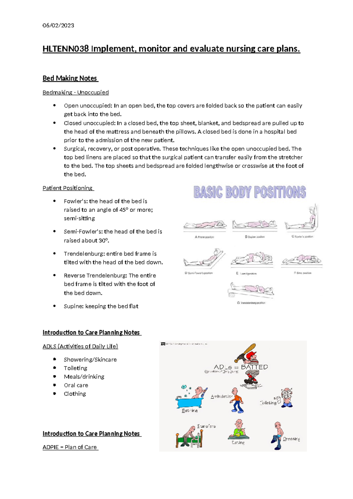 HLTENN038 Bed Making and Care Planning Notes for Nursing - Studocu