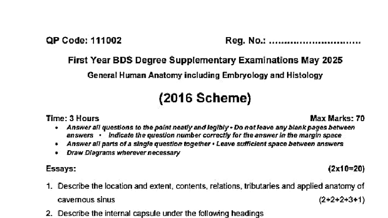 First Year BDS Anatomy Supplementary Exam Questions (2016 Scheme) - Studocu