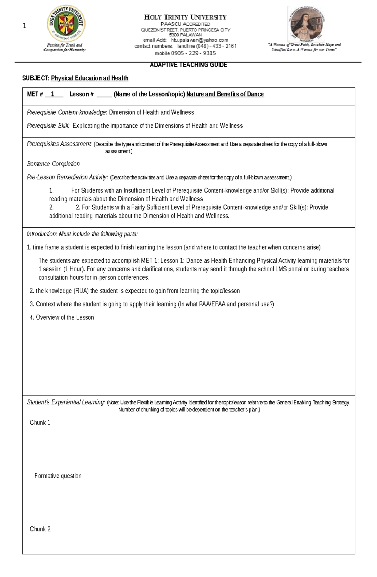 Adaptive Teaching Guide: PE & Health MET Lesson on Dance Benefits - Studocu
