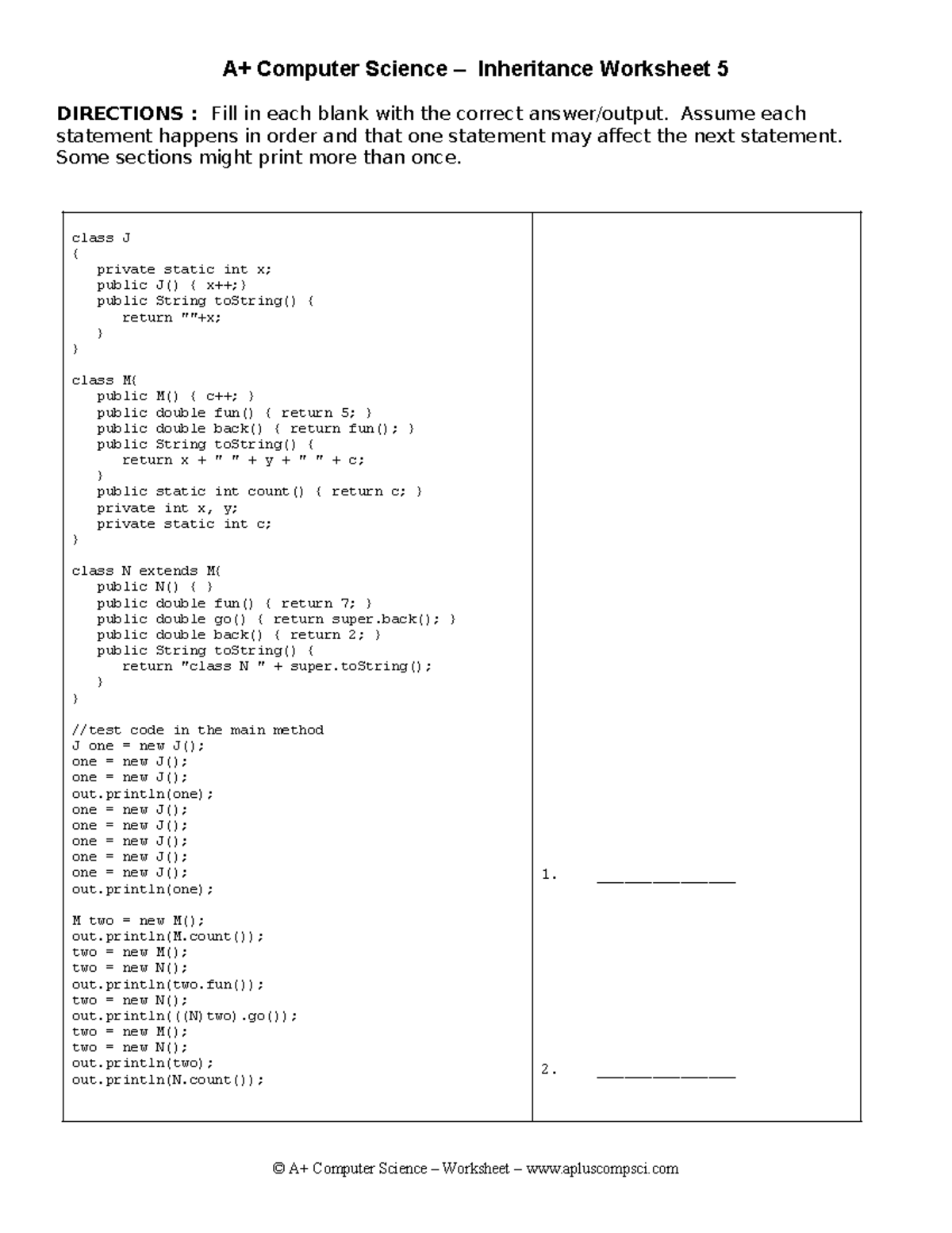 A+ Computer Science: Inheritance Worksheet 5 Java Answers - Studocu