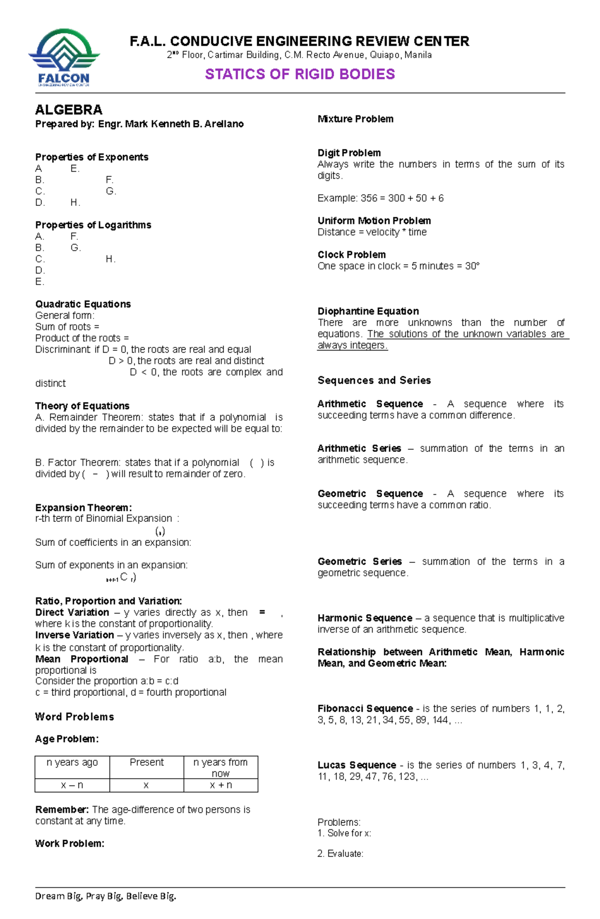Let reviewer in math major - F.A. CONDUCIVE ENGINEERING REVIEW CENTER 2 ...