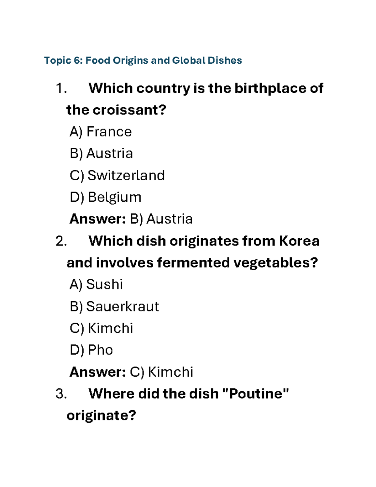 Topic 6: Food Origins and Global Dishes Quiz - Studocu