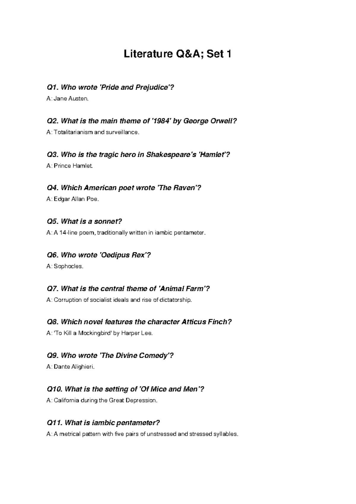 Literature QA Set 1: Key Questions and Answers - Studocu