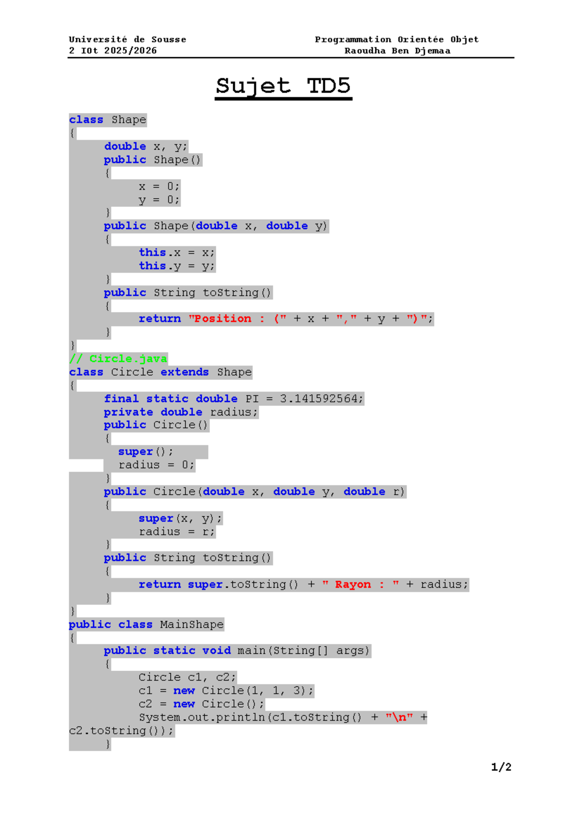 Sujet TD5 - Programmation Orientée Objet en Java - Studocu