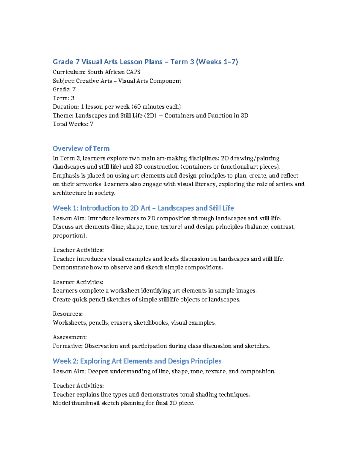 Grade 7 Visual Arts Term 3 Lesson Plans: 2D & 3D Art Exploration - Studocu