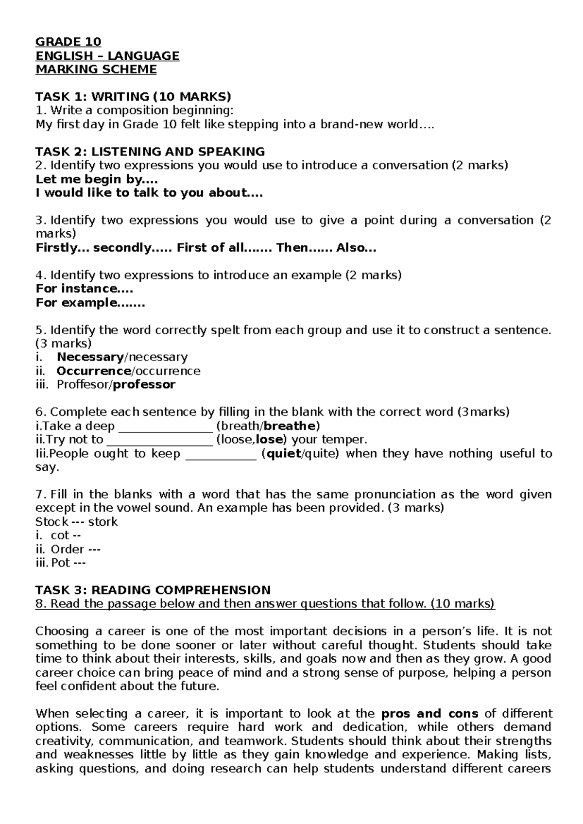 English G10 MS - Writing & Comprehension Tasks Overview - Studocu