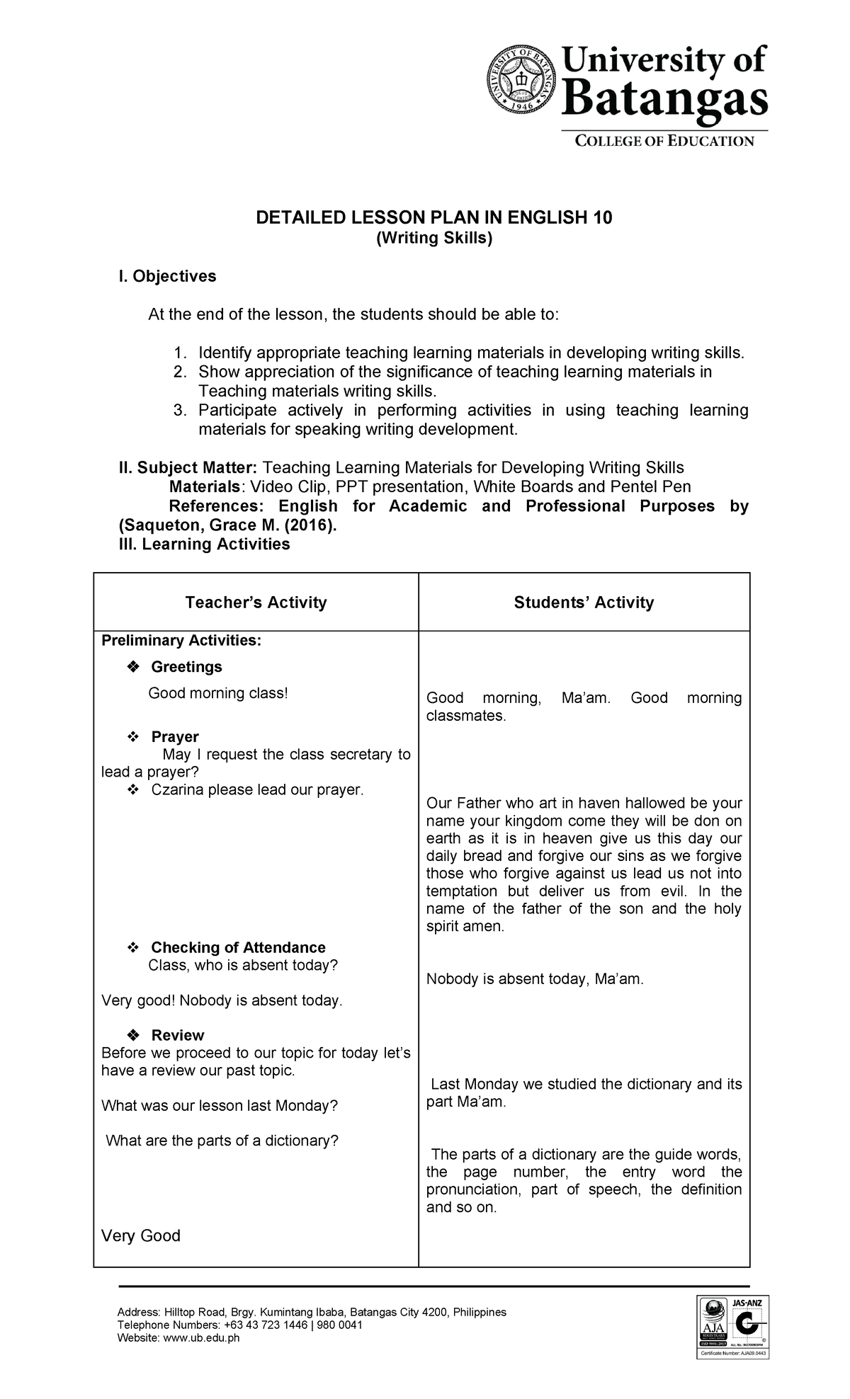 DETAILED LESSON PLAN IN ENGLISH 10: Developing Writing Skills - Studocu