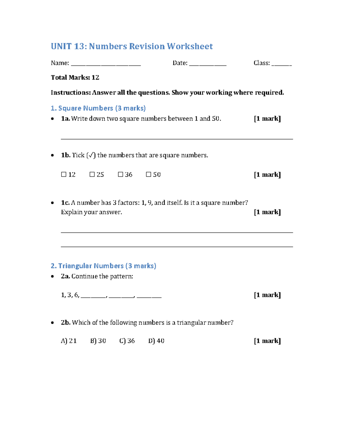 UNIT 13: Numbers Revision Worksheet for Class Review - Studocu