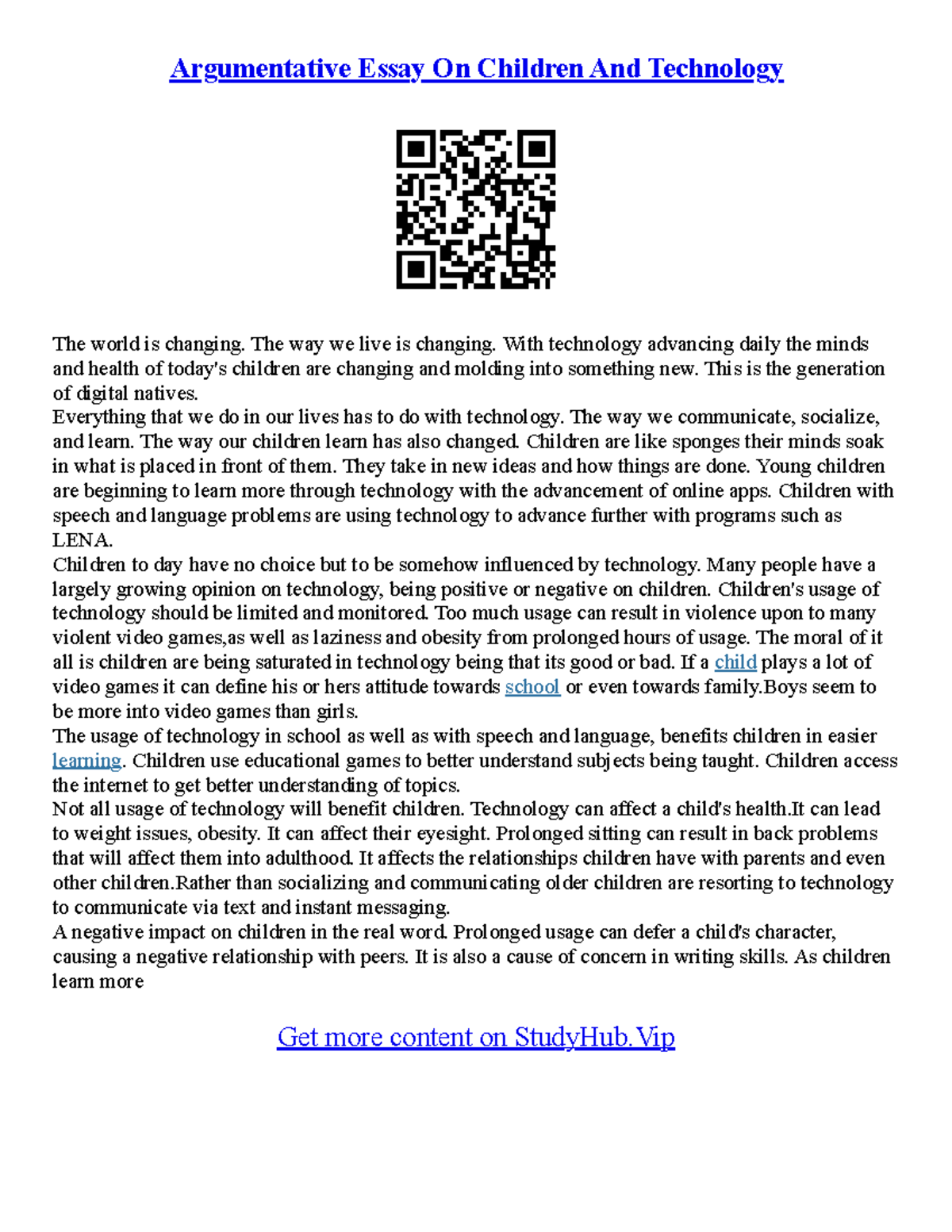 Essay Writing Samples for Kids: Observations and Technology Impact ...