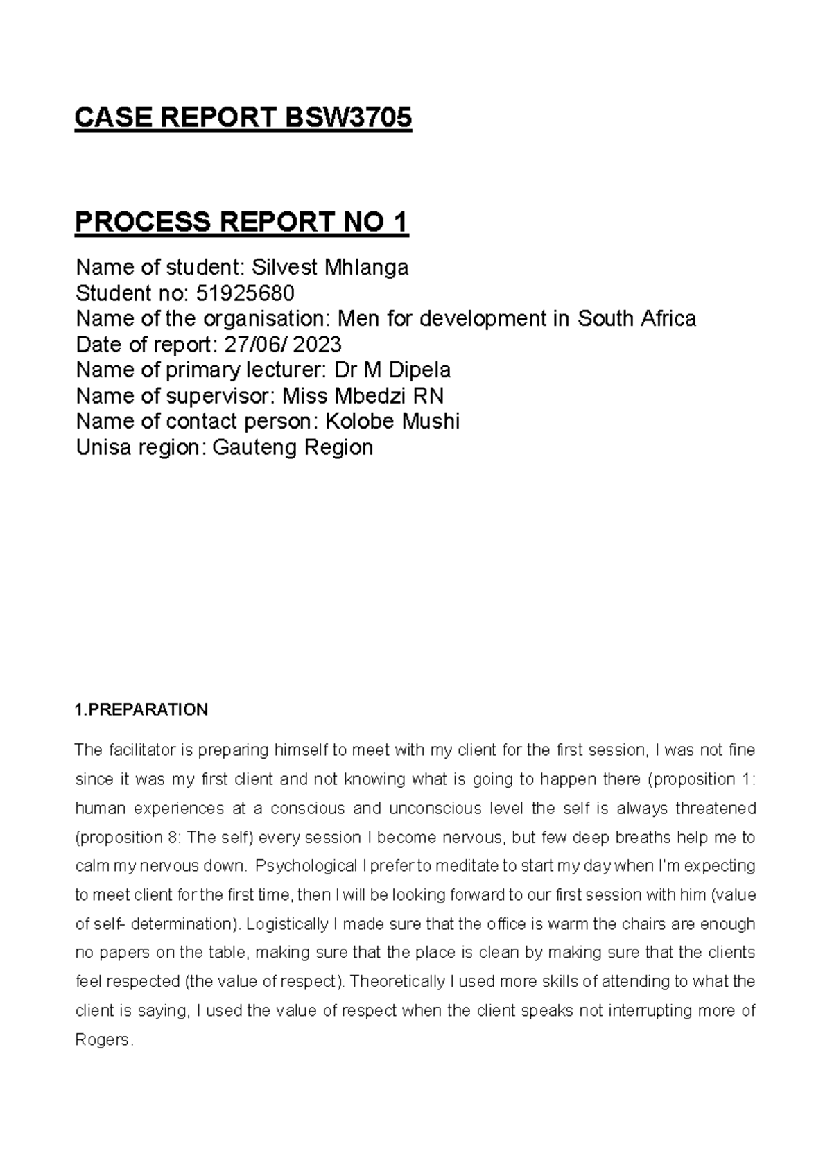 BSW3705 Casework Report: Client Session 1 Analysis and Reflection - Studocu