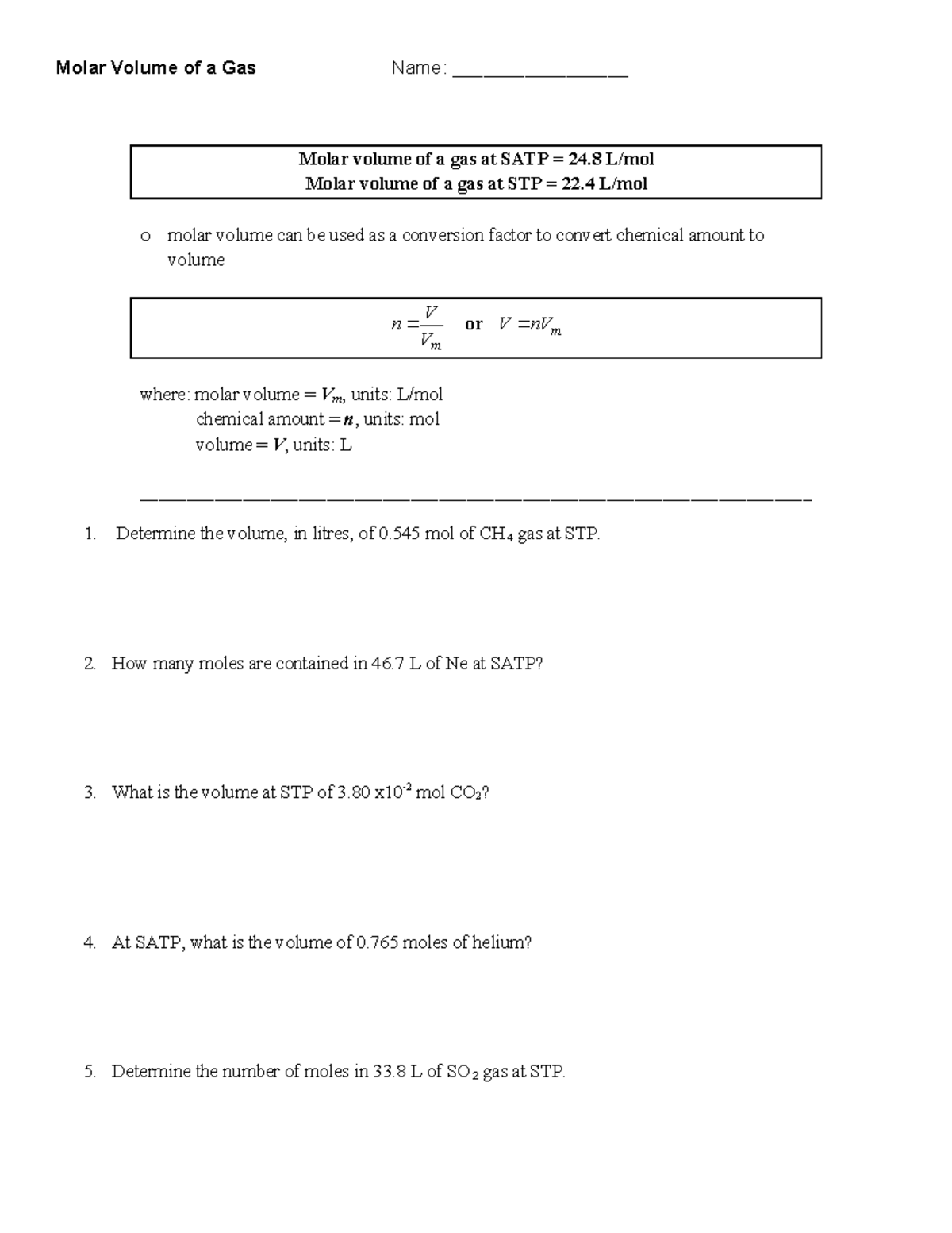 Molar Volume of Gases at STP and SATP - 2022 Study Guide - Studocu