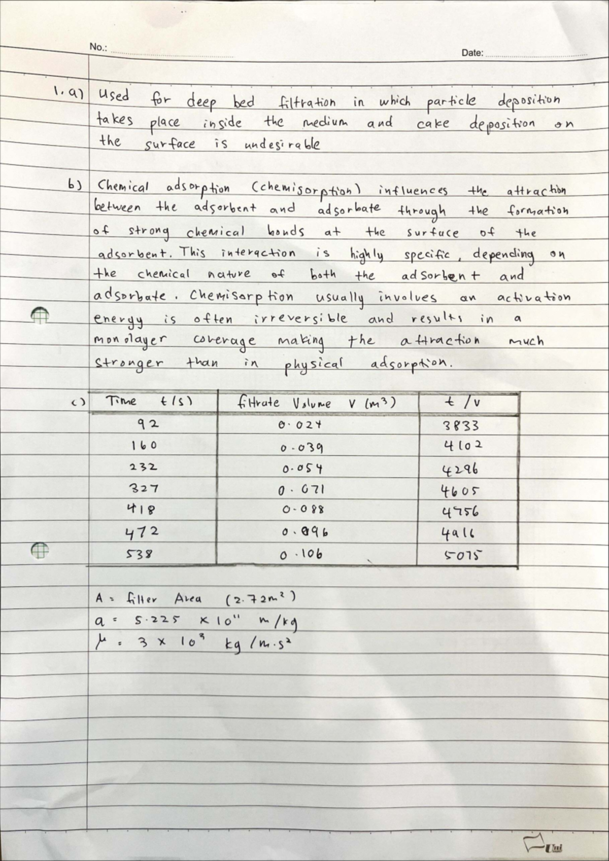 Test 2: Deep Bed Filtration and Chemisorption Analysis - Studocu