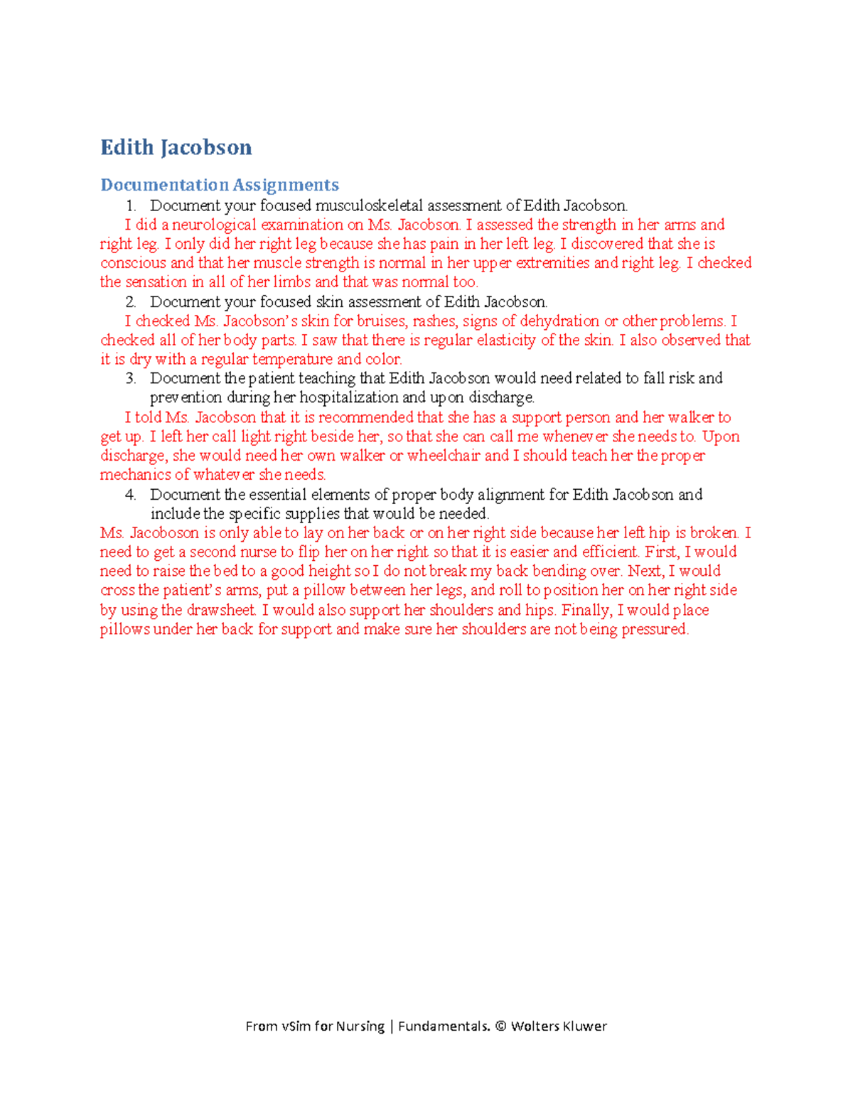NUR 101: Edith Jacobson Musculoskeletal & Skin Assessment Documentation ...