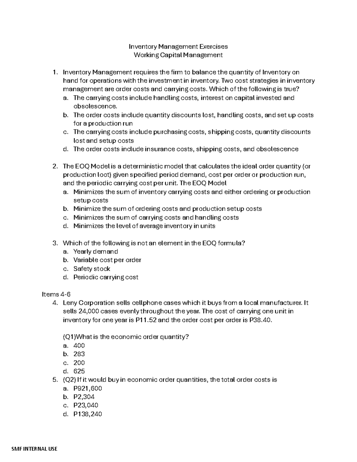 Inventory Management Exercises: Working Capital Management 1 - Studocu