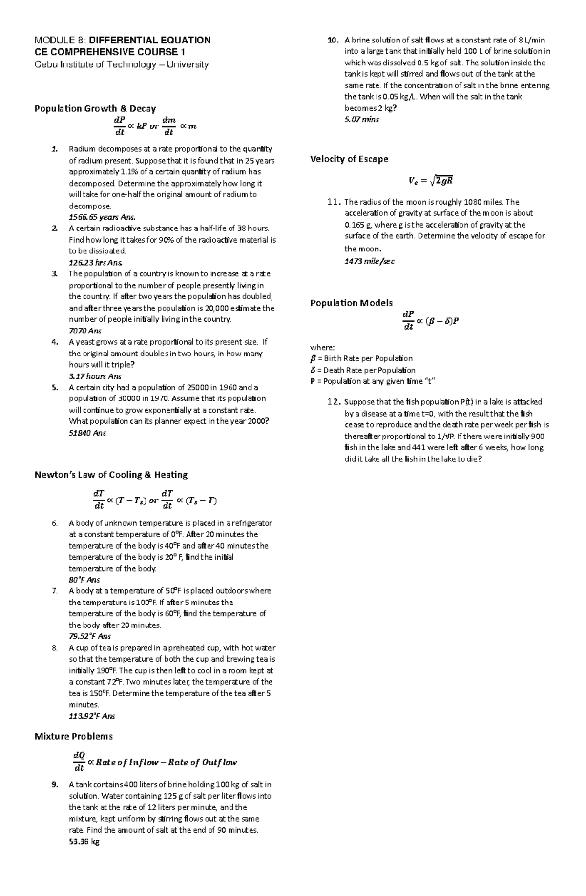 MODULE 8: Differential Equations CE Comprehensive Course 1 - Population ...