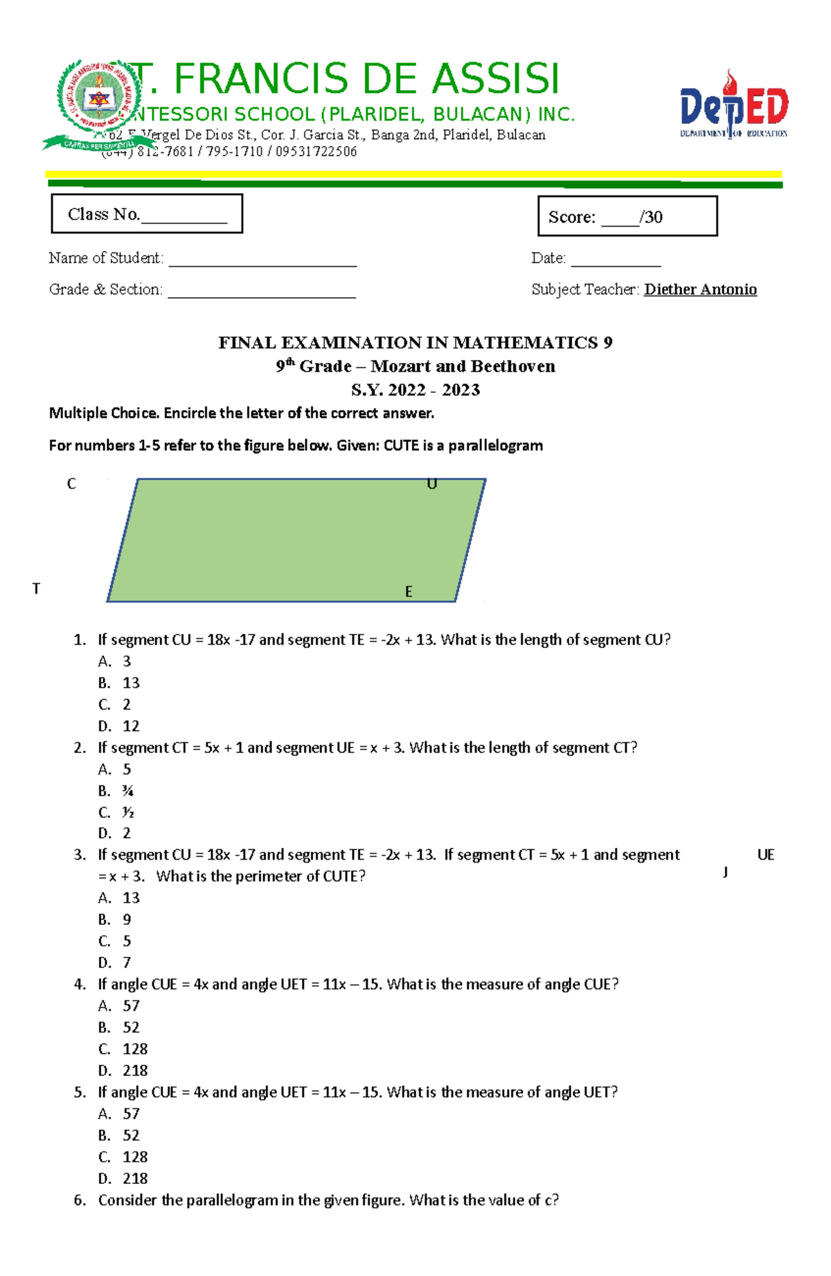 Final Exam Notes for Math 9 - S.Y. 2022-2023 - Studocu