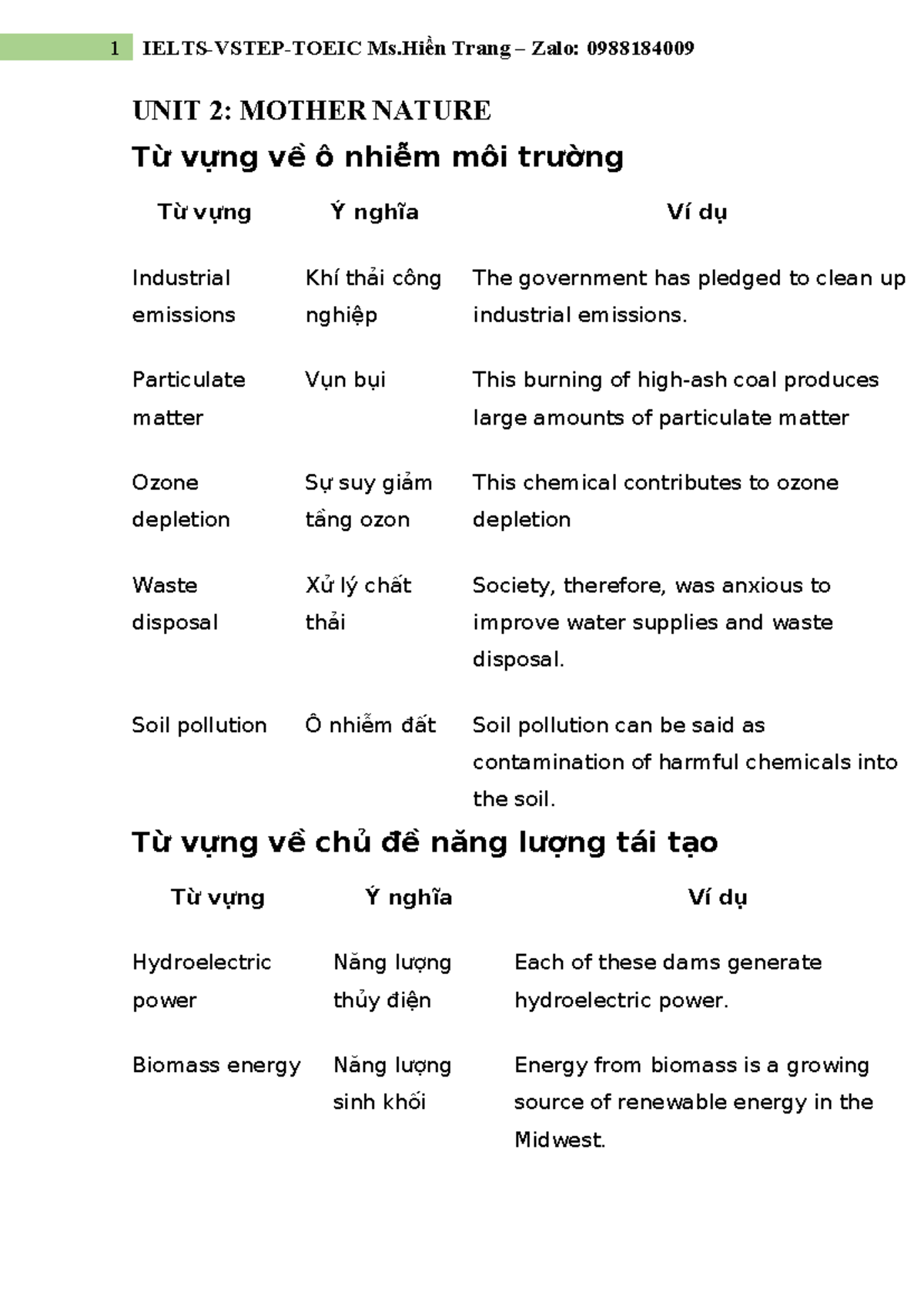 UNIT 2: MOTHER NATURE - Vocabulary on Environmental Issues - Studocu