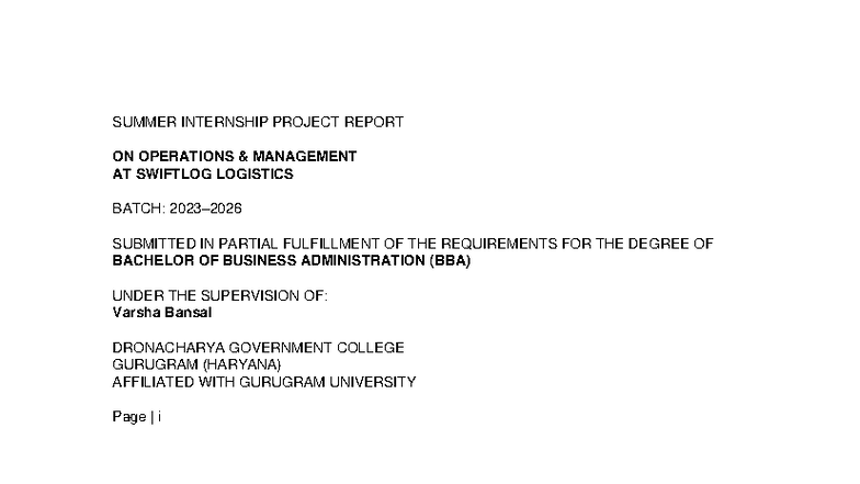 BBA Summer Internship Project Report: Operations Management at SwiftLog ...