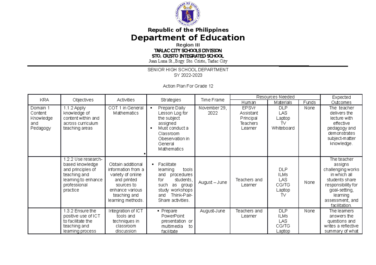Action Plan for DepEd - Republic of the Philippines Department of ...