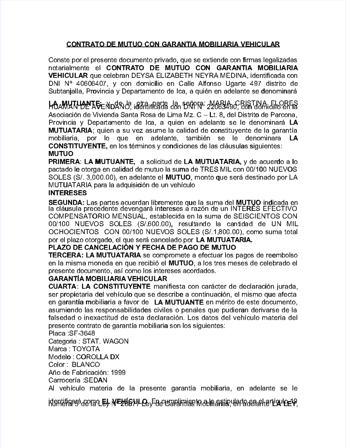 Contrato de Mutuo con Garantía Mobiliaria Vehicular - Ica - Studocu