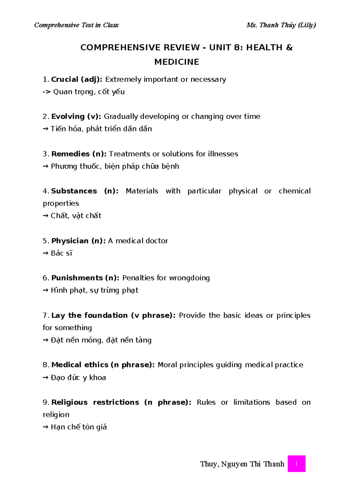Comprehensive Test Review for Final Exam - Health & Medicine Unit 8 ...