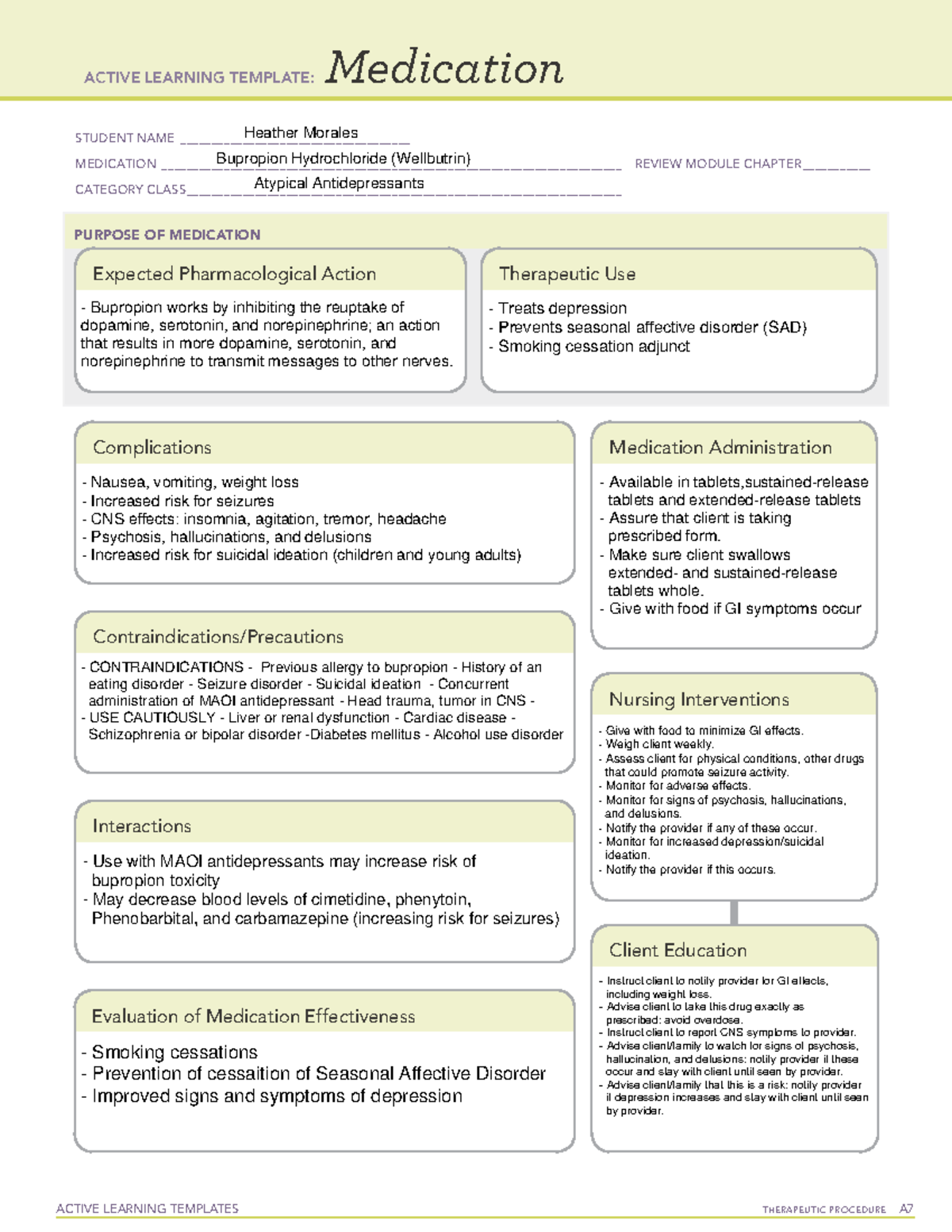 Bupropion Hydrochloride Medication Template - Active Learning 1 - Studocu
