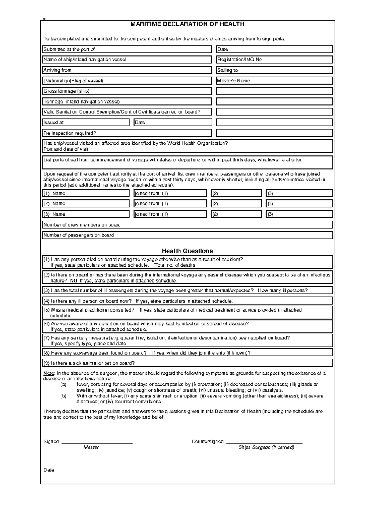 Maritime Declaration of Health Form for Ships - Guidelines and Instructions - Studocu