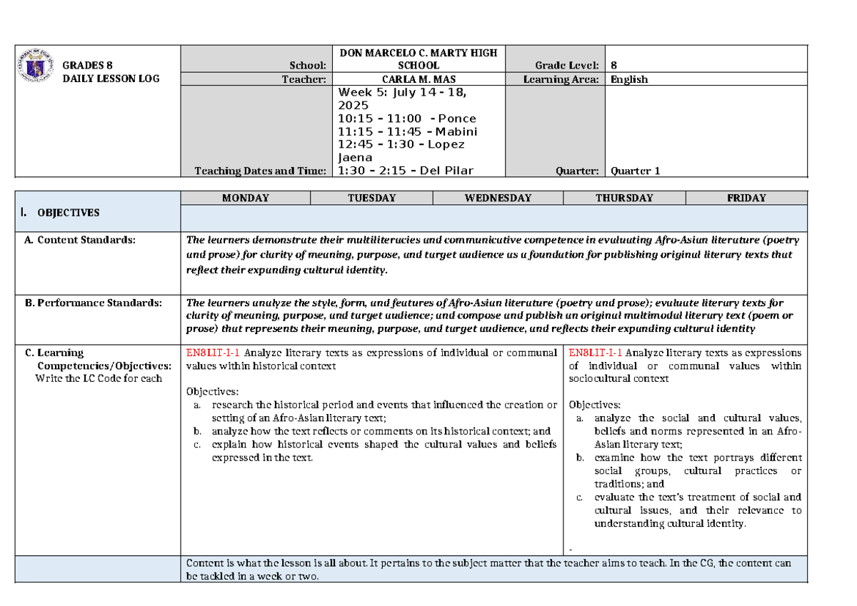 Q1 LE English 8 Daily Lesson Log: Analyzing "Negro Speaks of Rivers ...