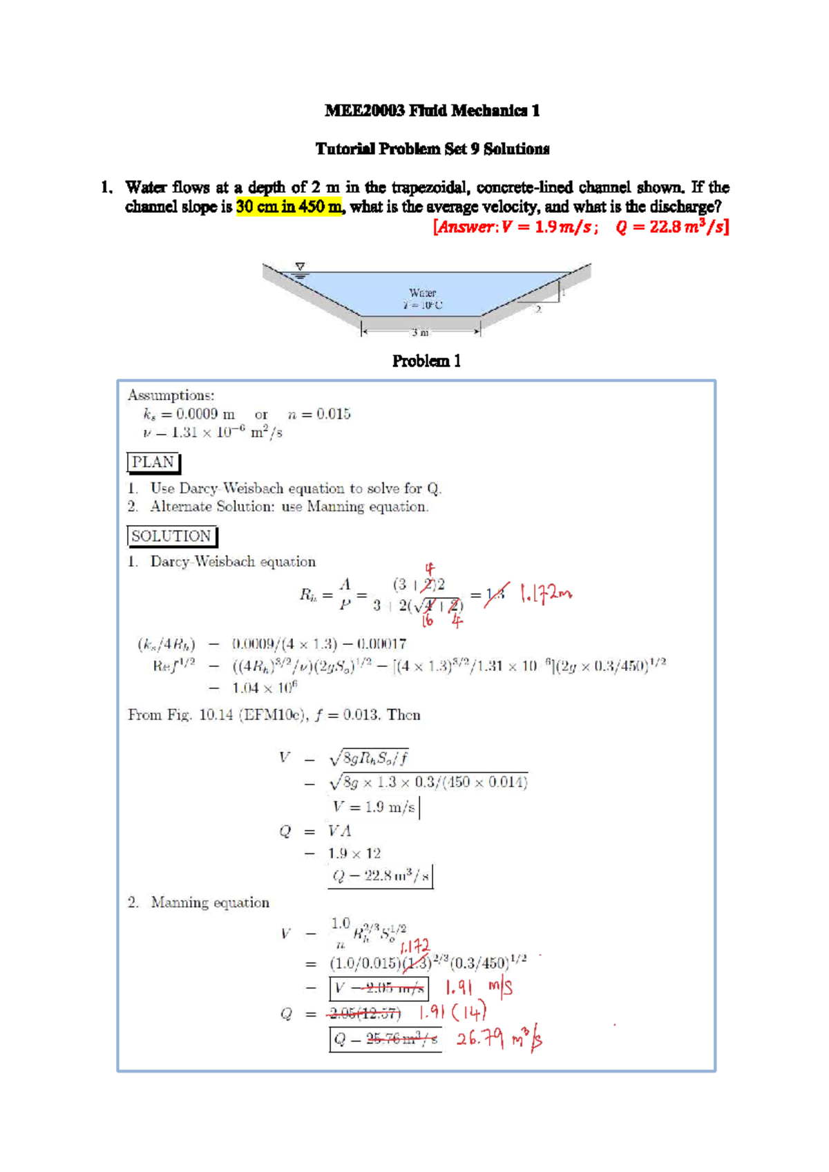 Fluid Mechanics 1: Tutorial Problem Set 9 Solutions Explained - Studocu