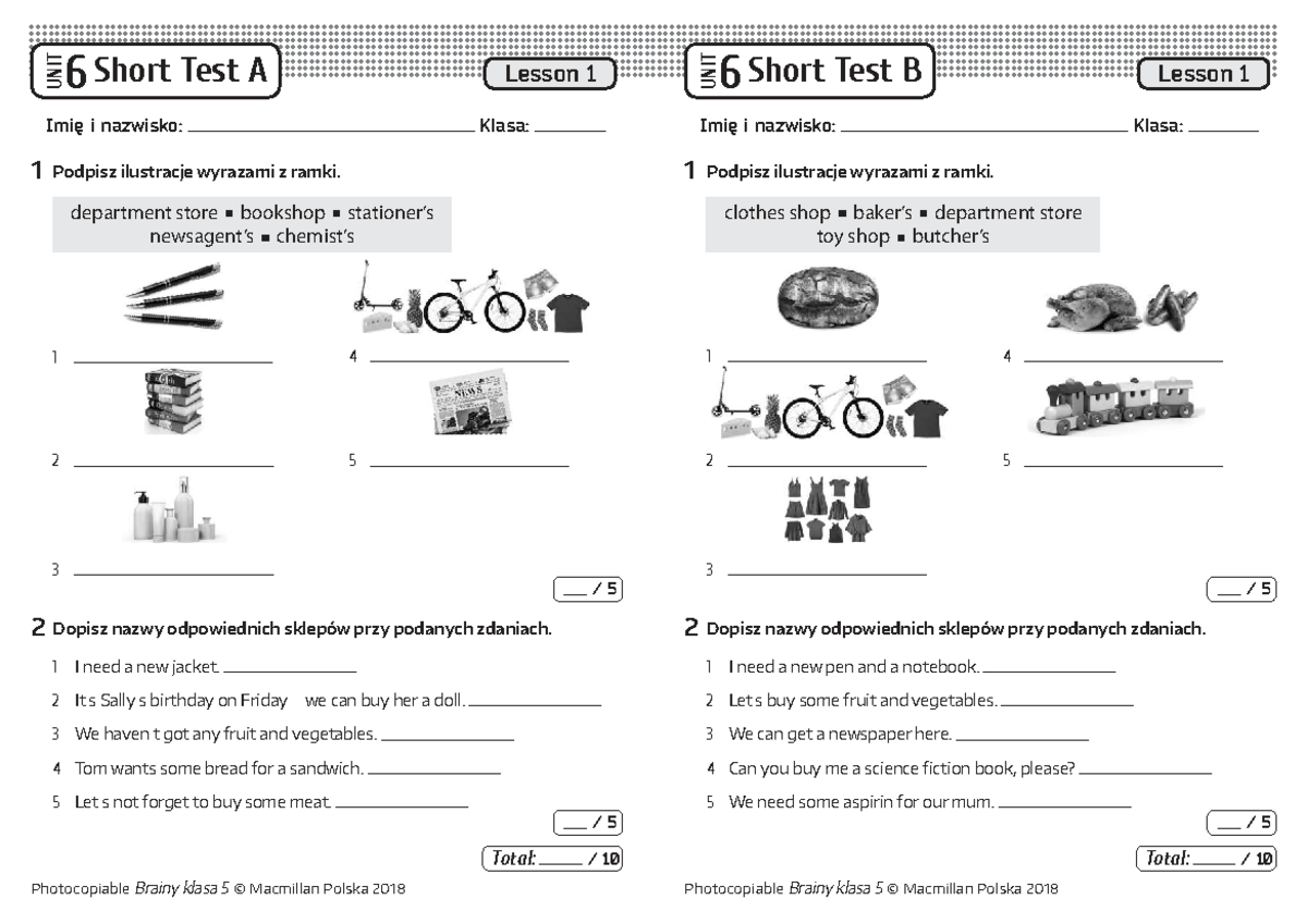 Brainy 5 Short Tests Unit 6 Lesson 1 - Sample Questions & Answers - Studocu