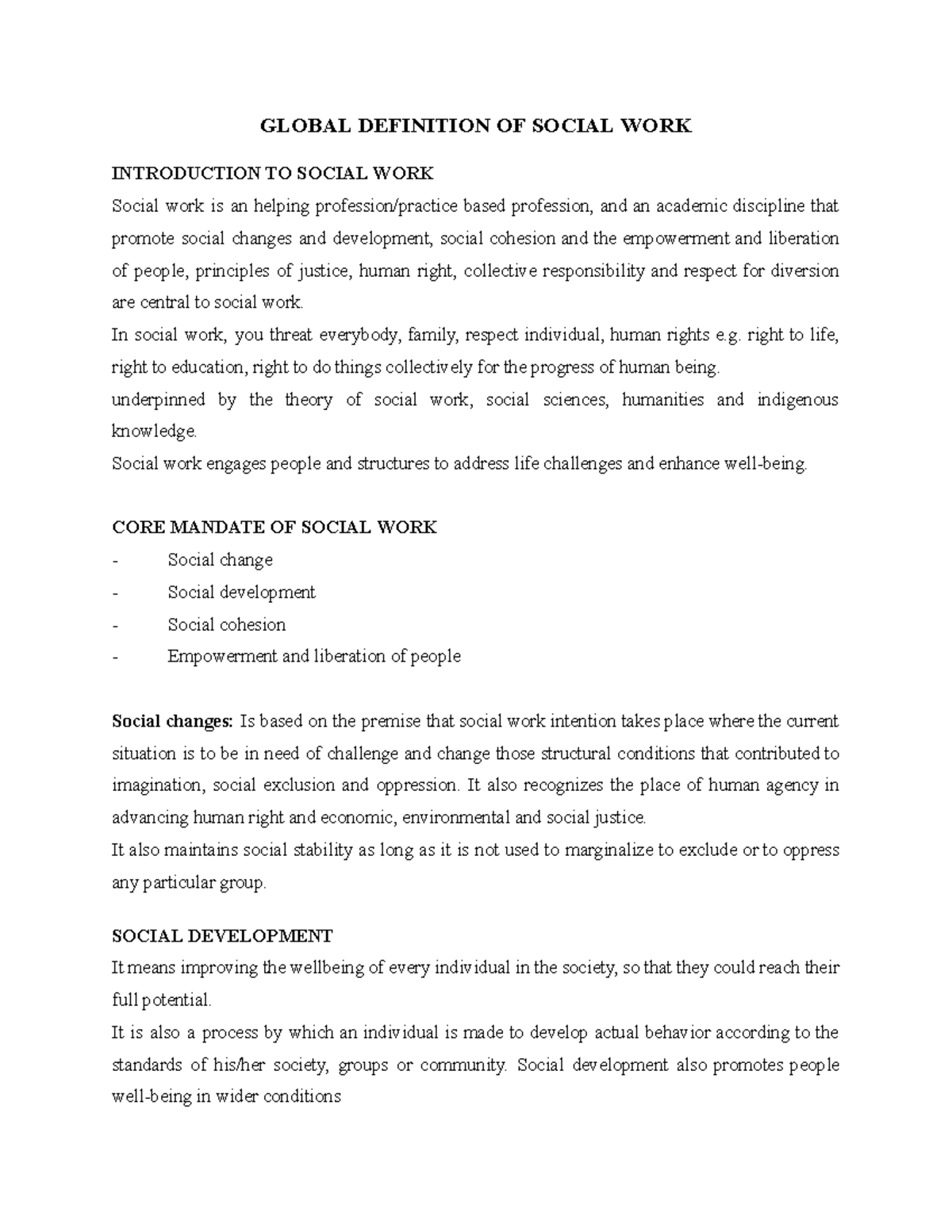 SOCW 101: Core Mandates and Definitions in Social Work - Studocu