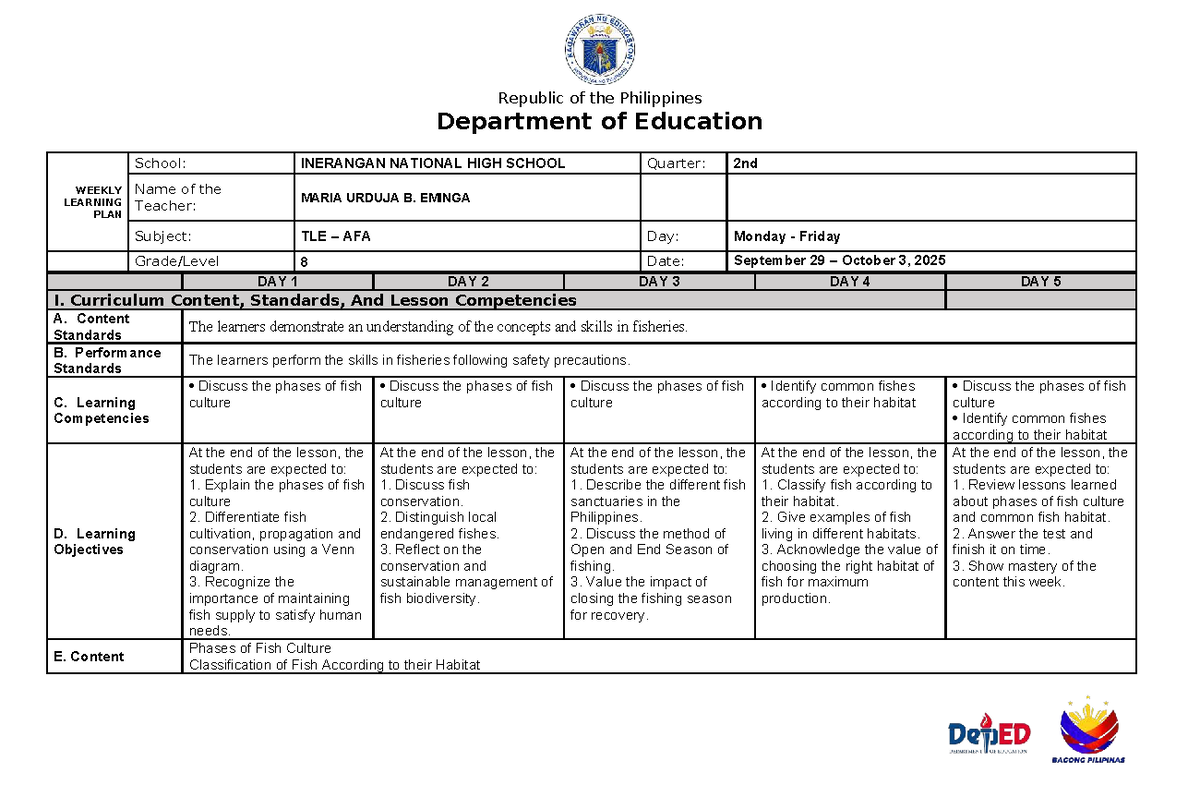 Weekly Learning Plan - TLE 8: Fish Culture & Conservation - Studocu