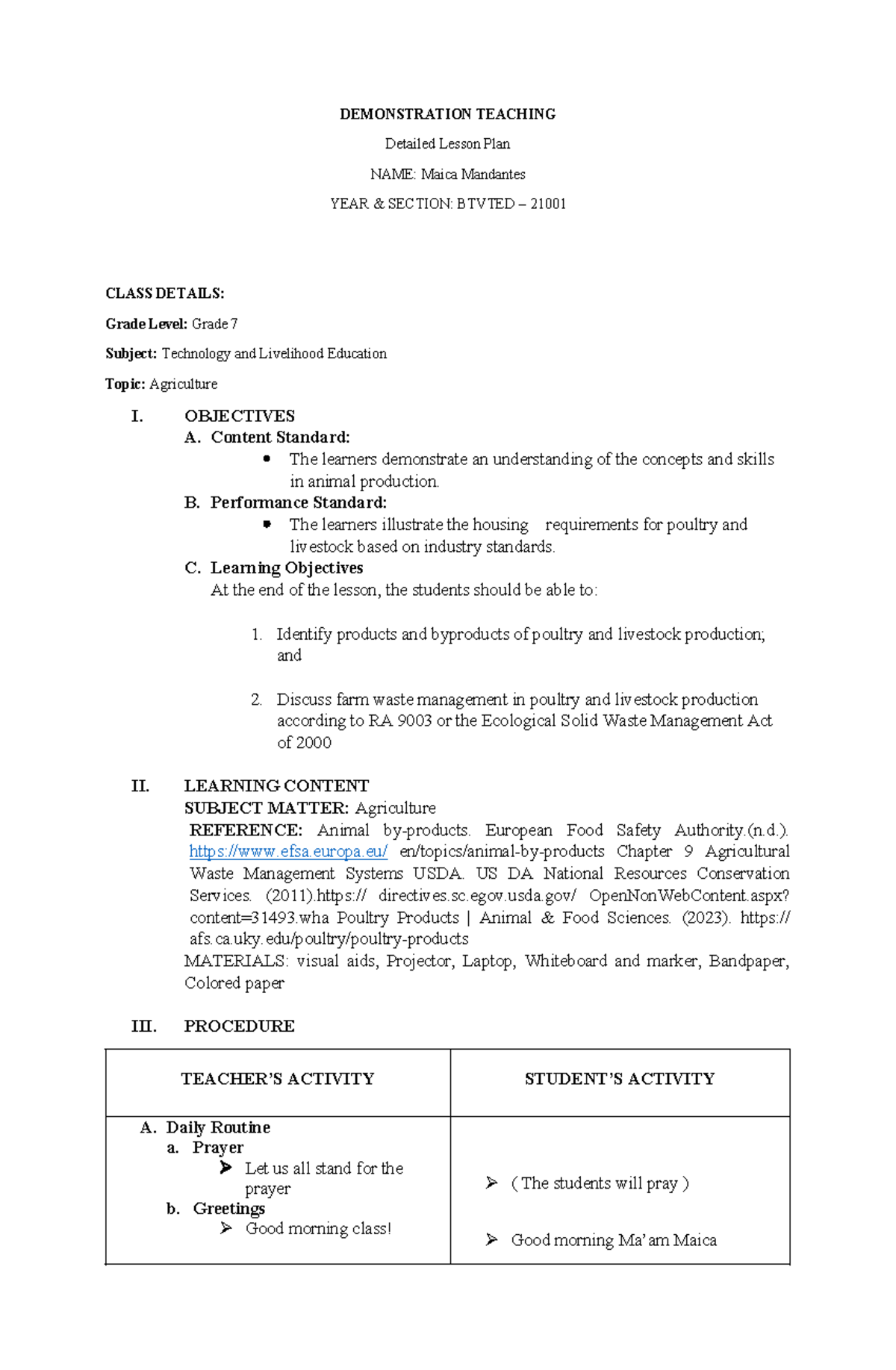 Lesson Plan or Lesson Proper - DEMONSTRATION TEACHING Detailed Lesson ...