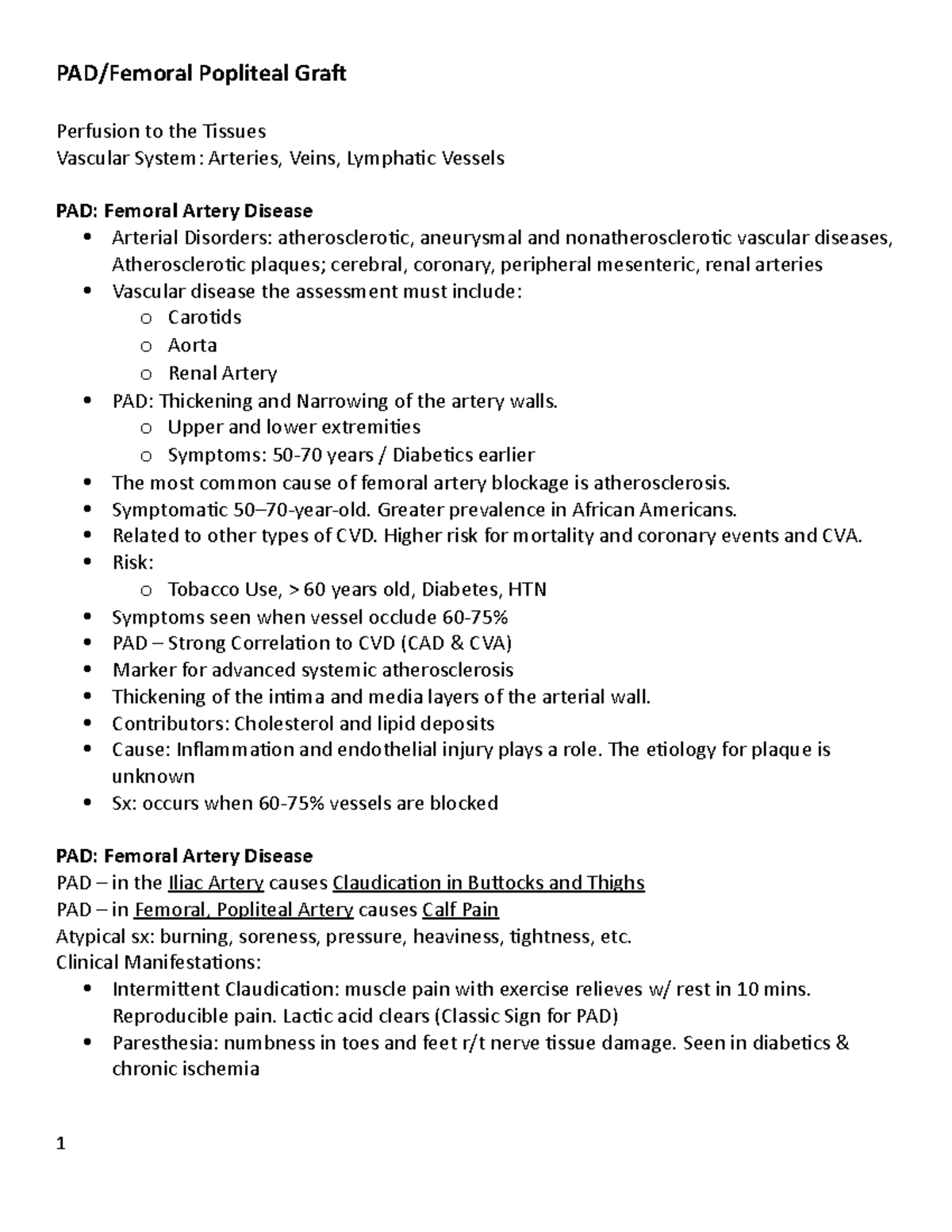 PAD Fem Pop Notes - Peripheral Artery Disease, Fem Pop - PAD/Femoral ...