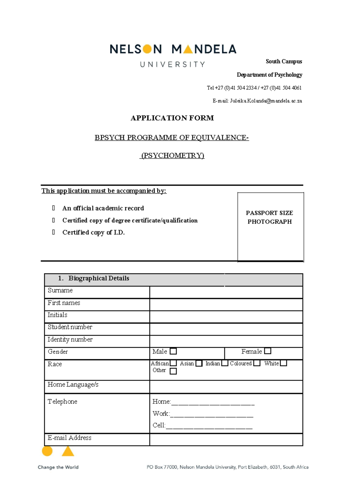 BPSYCH Programme of Equivalence Application Form (Psychometry) - Studocu