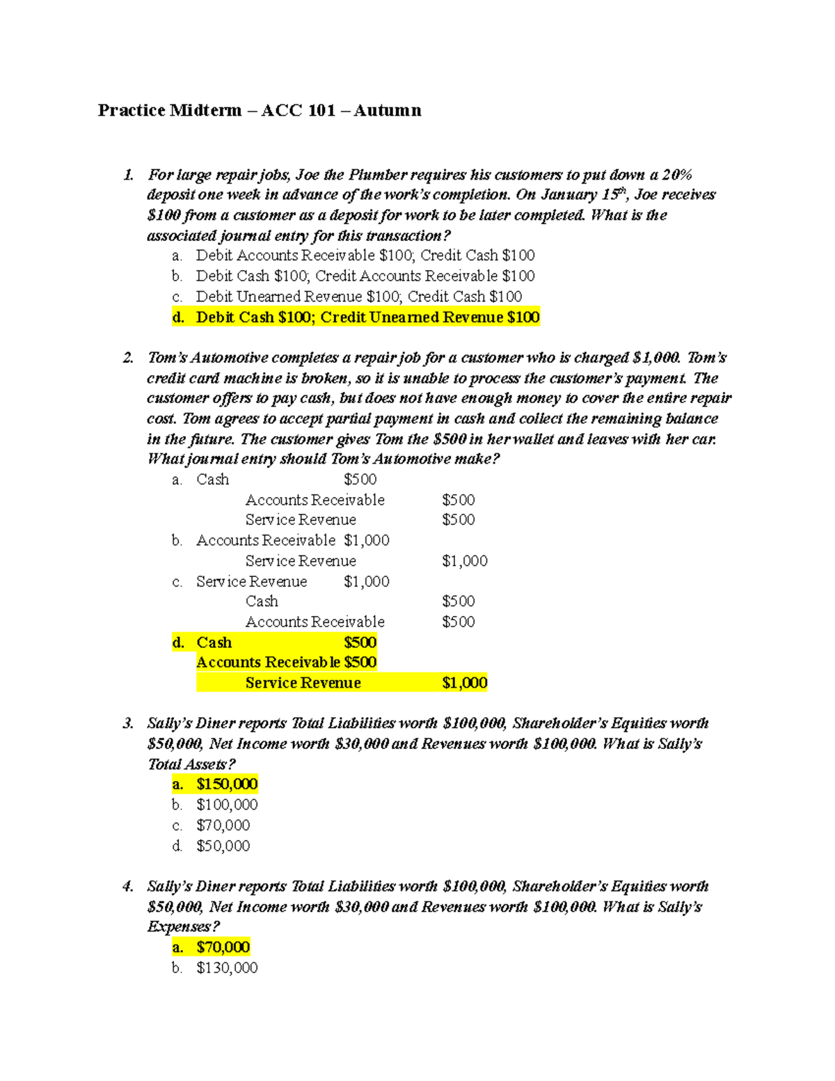 ACC 101 Practice Midterm Review Questions and Solutions - Studocu