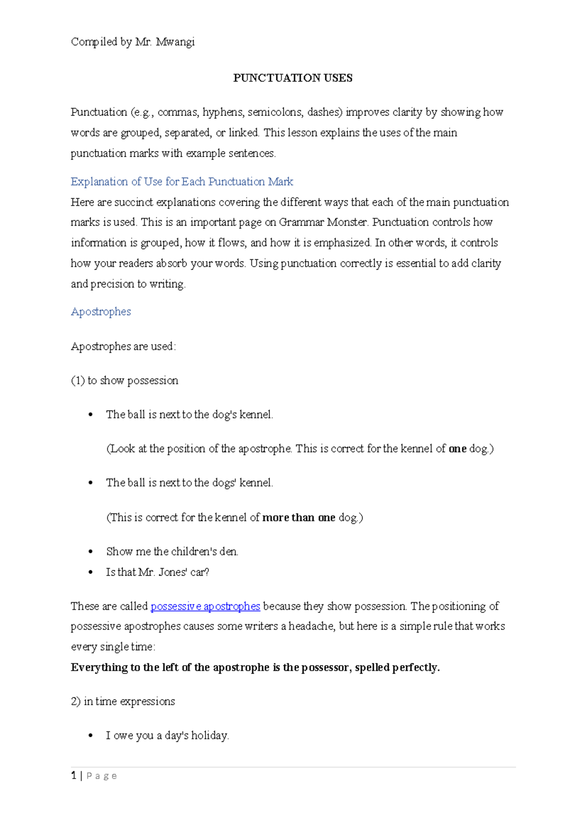 PUNCTUATION USES: Essential Grammar Notes by Mr. Mwangi - Studocu