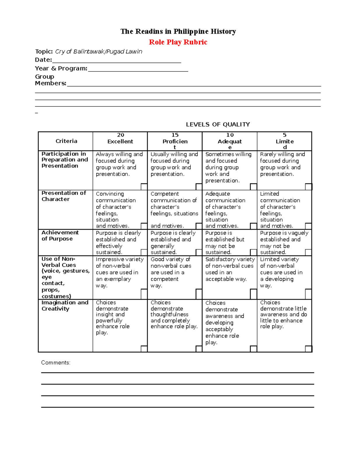 Roleplay- Rubric - cafcg - The Readins in Philippine History Role Play ...